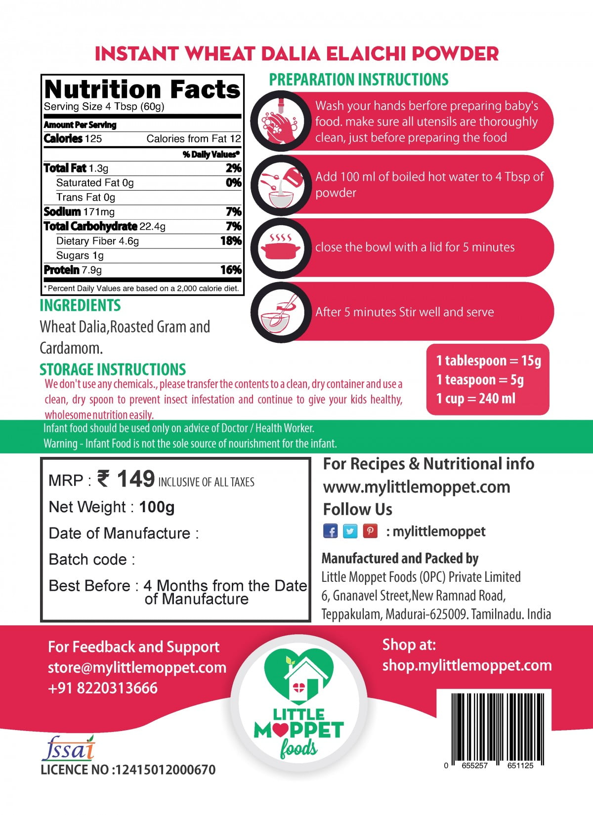 Instant Wheat Dalia Elaichi Powder - An energy boosting baby meal.