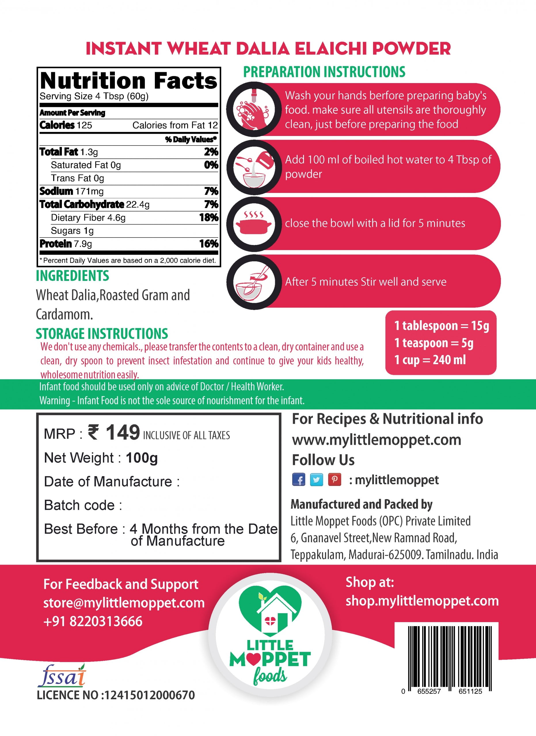 Instant Wheat Dalia Elaichi Powder - An energy boosting baby meal.